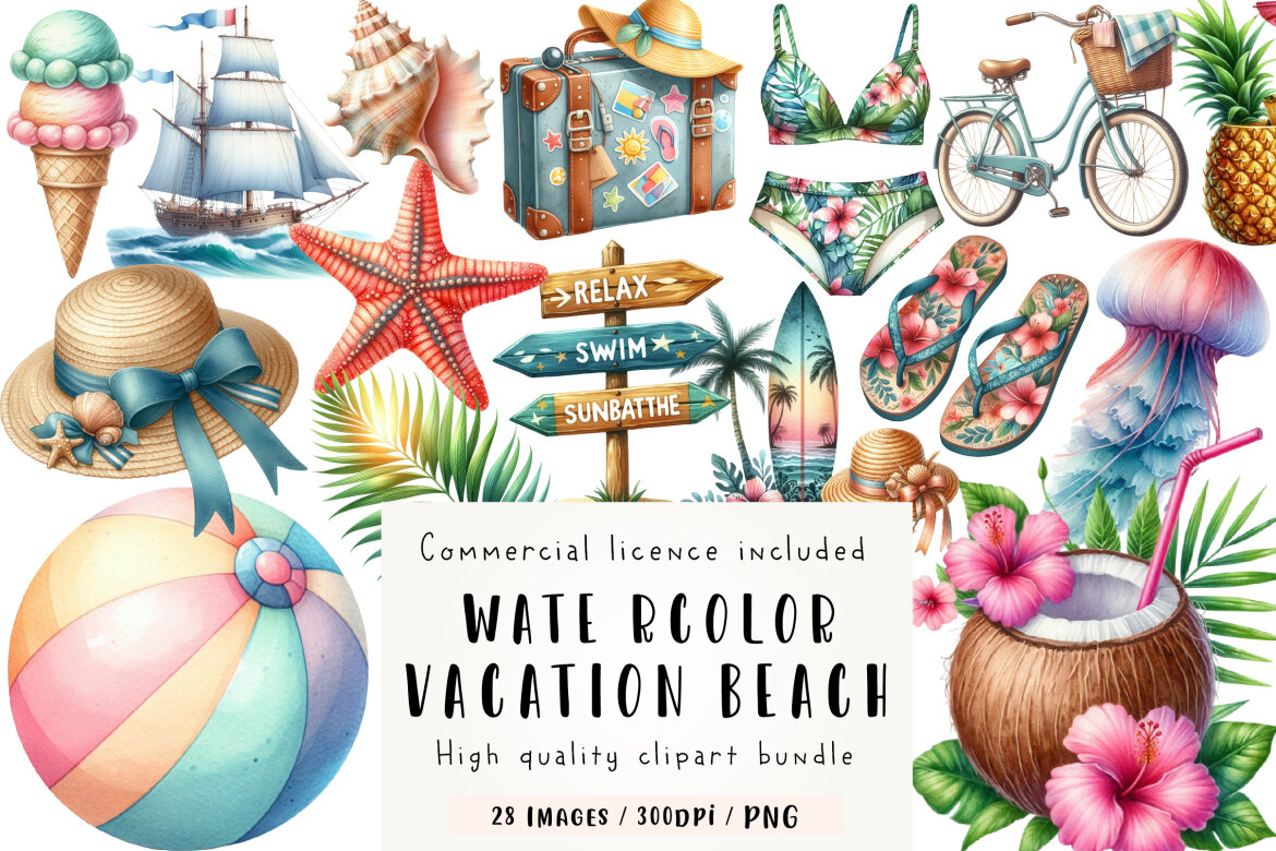Vacation Summer Beach Clipart Bundle | Deeezy