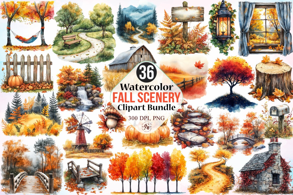Watercolor Fall Scenery Clipart Bundle | Deeezy