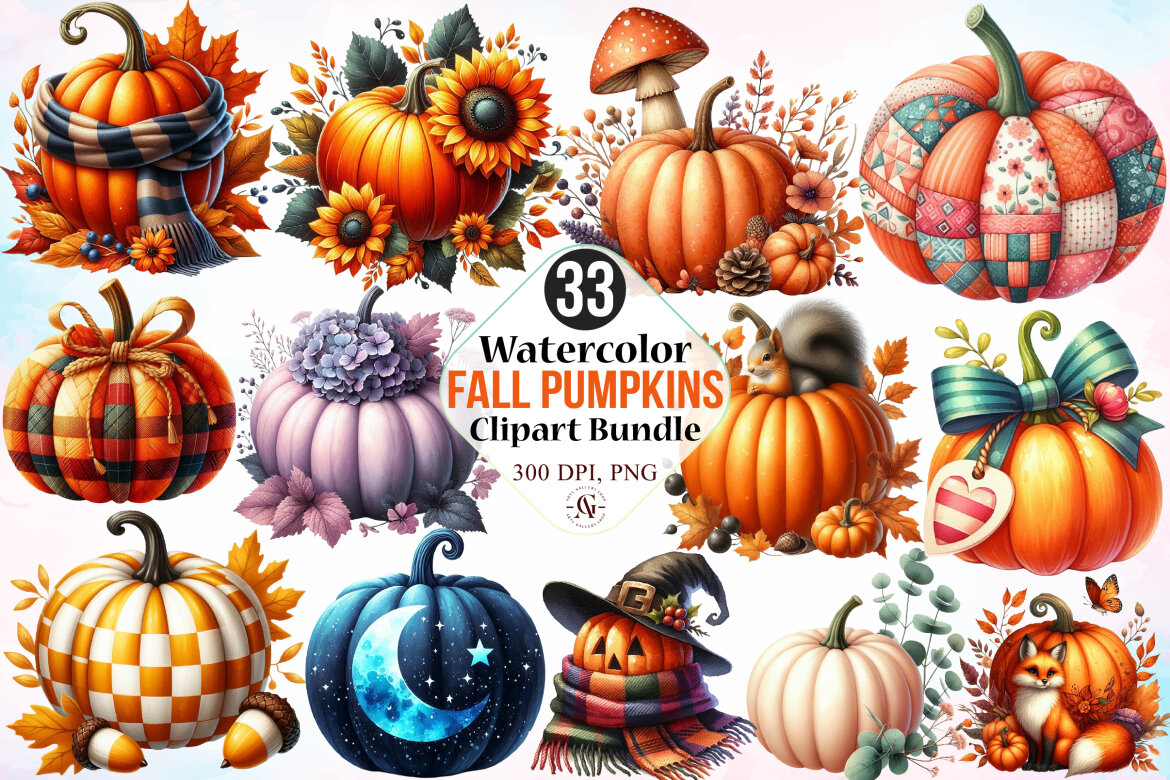 Watercolor Fall Pumpkins Clipart Bundle | Deeezy