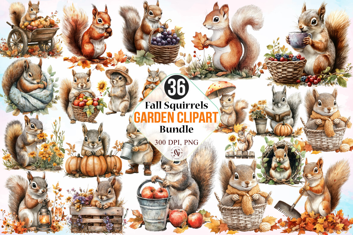 Fall Squirrels Garden Clipart Bundle | Deeezy