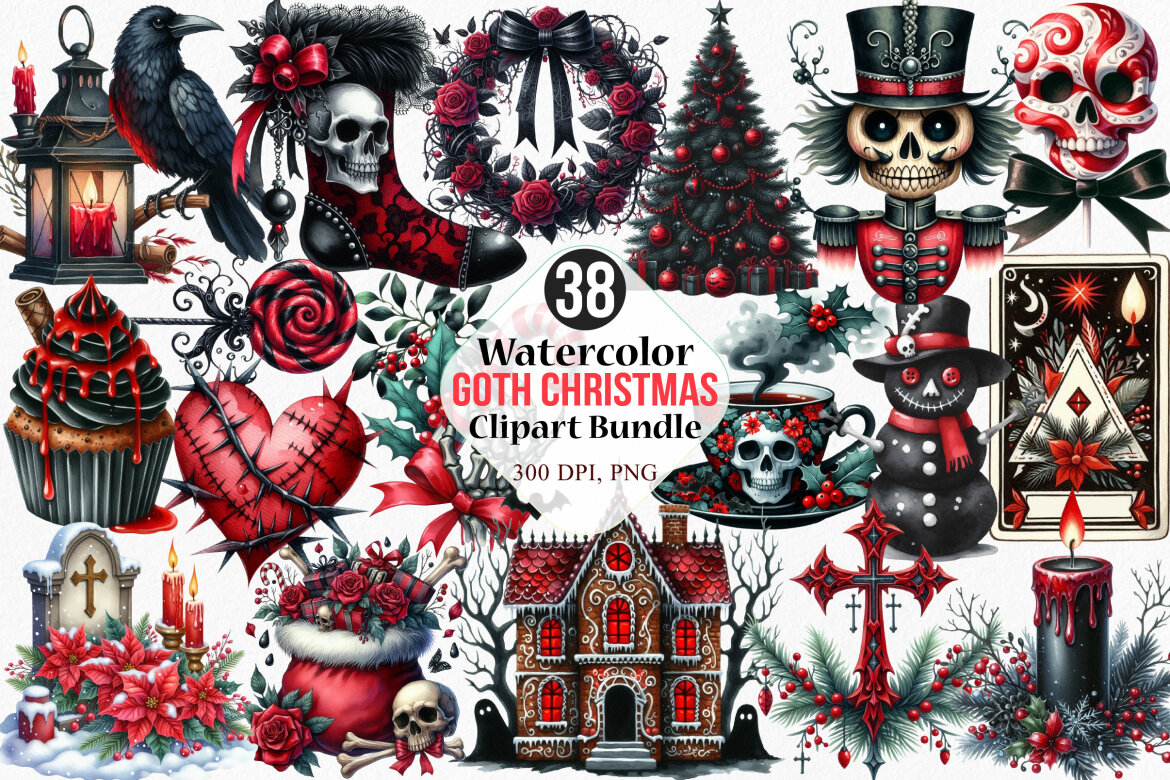Watercolor Goth Christmas Clipart Bundle | Deeezy