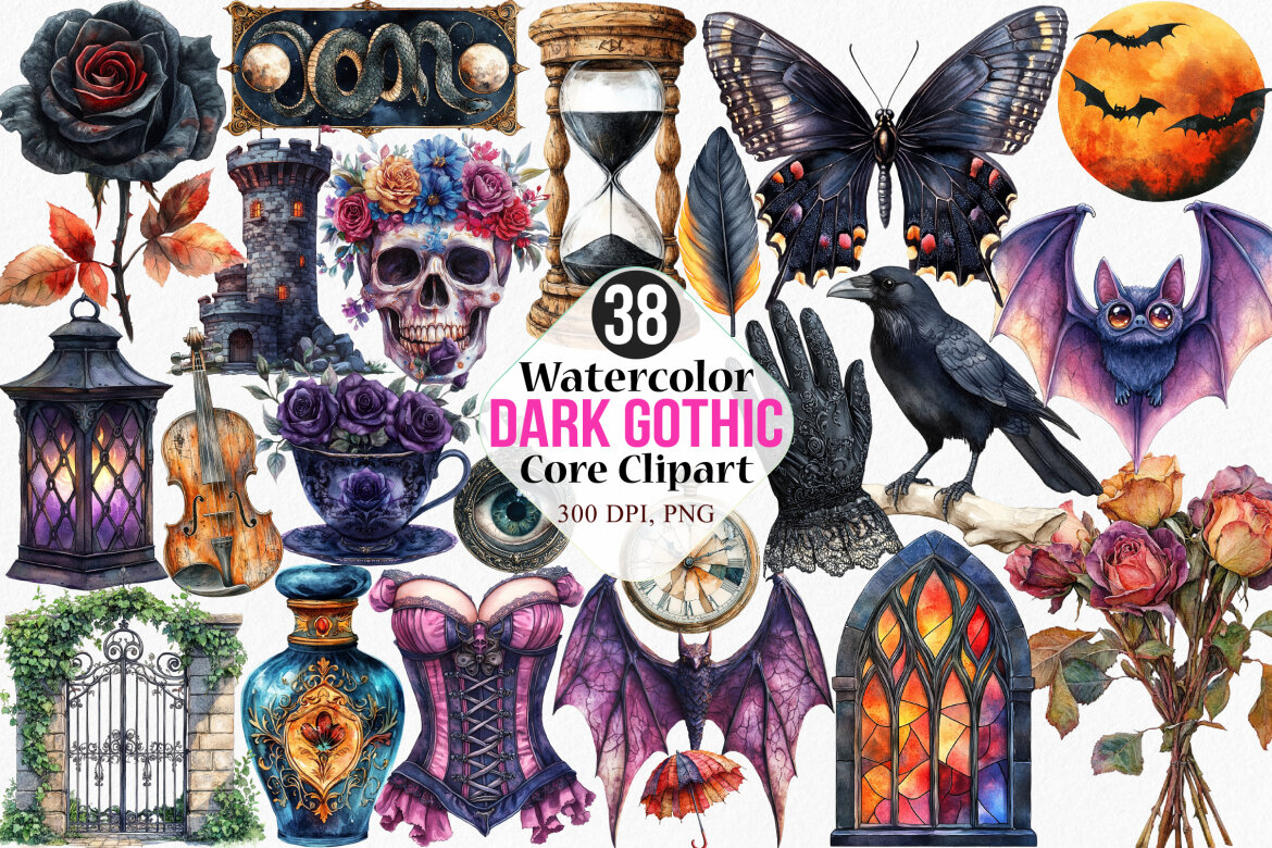 Watercolor Dark Gothic Core Clipart | Deeezy