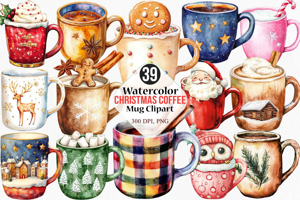 Watercolor Christmas Coffee Mug Clipart | Deeezy