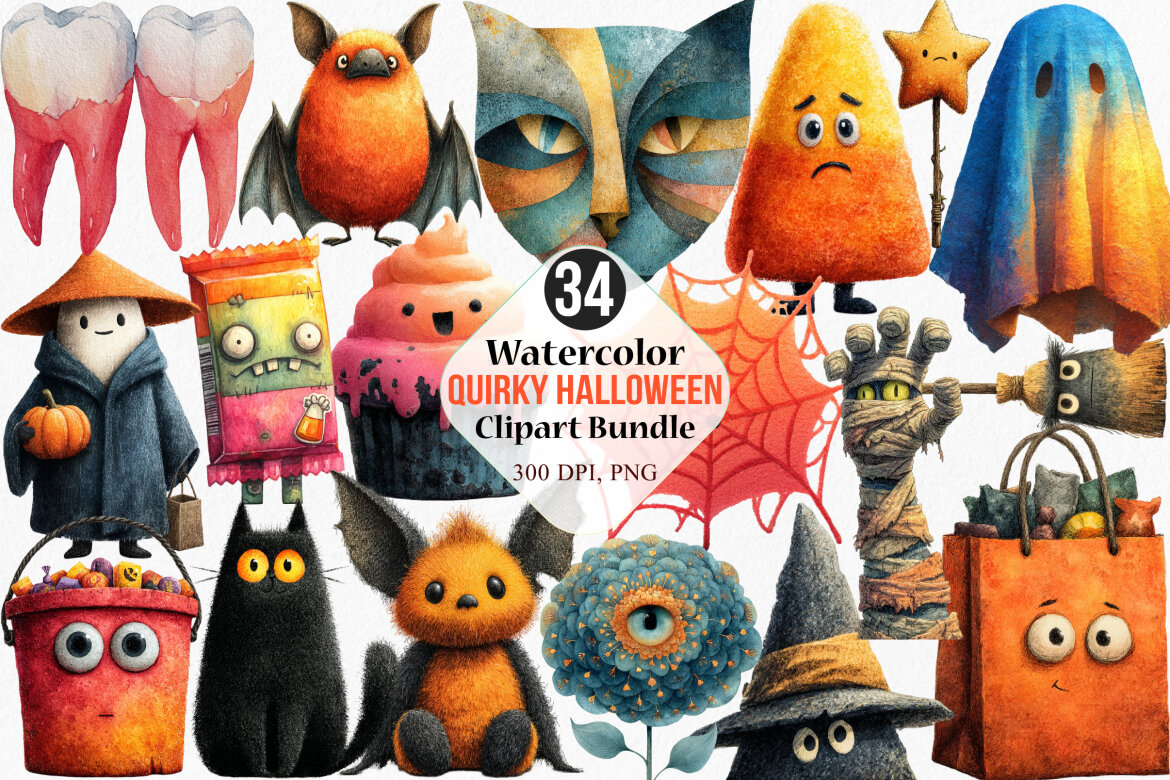 Watercolor Quirky Halloween Clipart | Deeezy