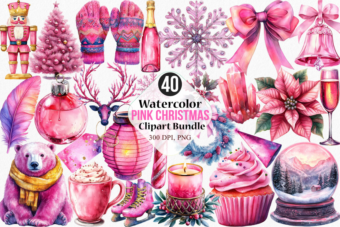 Watercolor Pink Christmas Clipart | Deeezy
