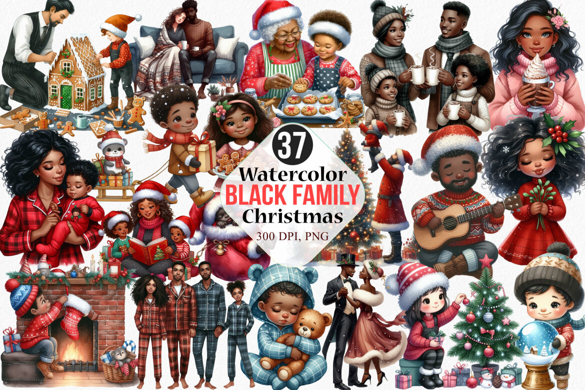Watercolor Black Family Christmas | Deeezy