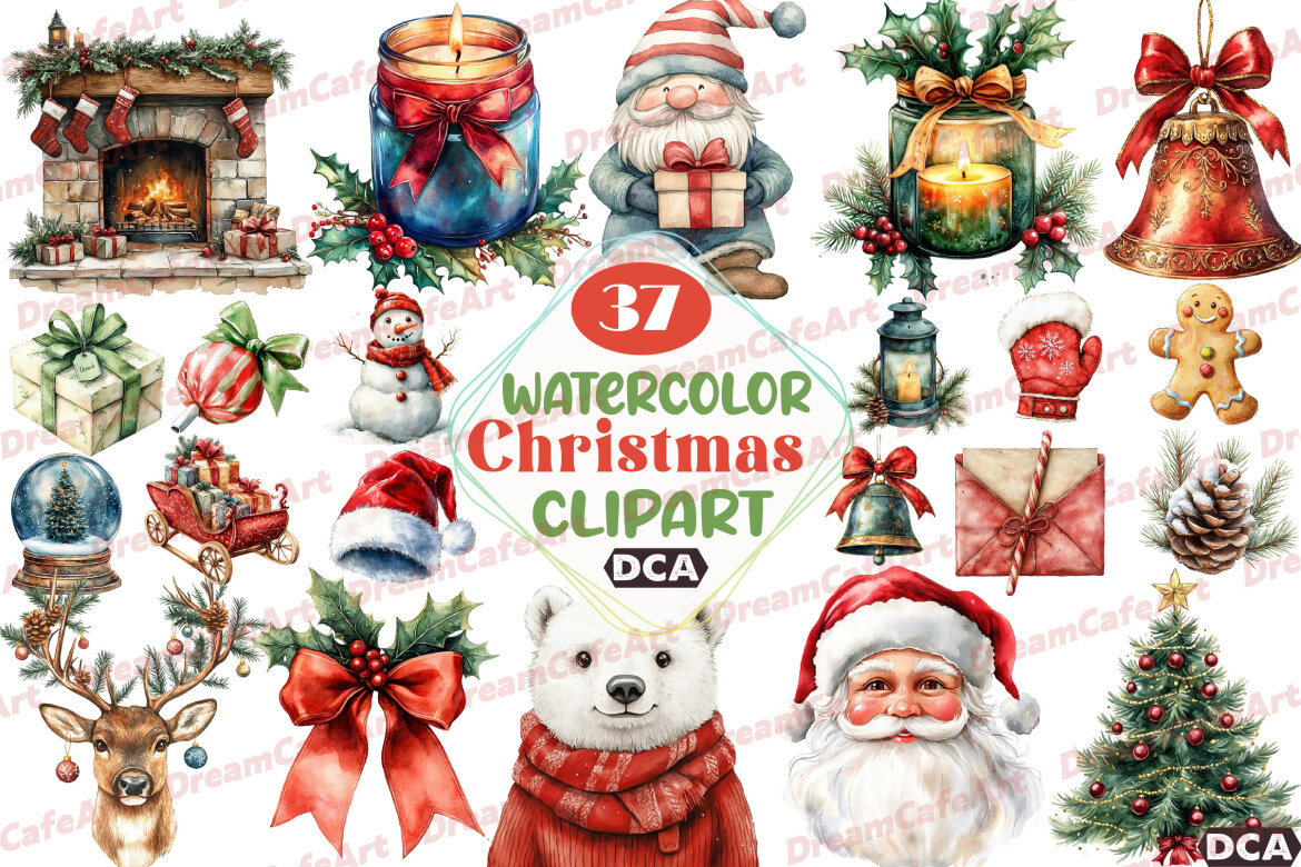 Christmas Watercolor Clipart Set | Deeezy
