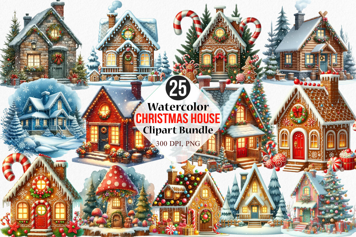Watercolor Christmas House Clipart | Deeezy