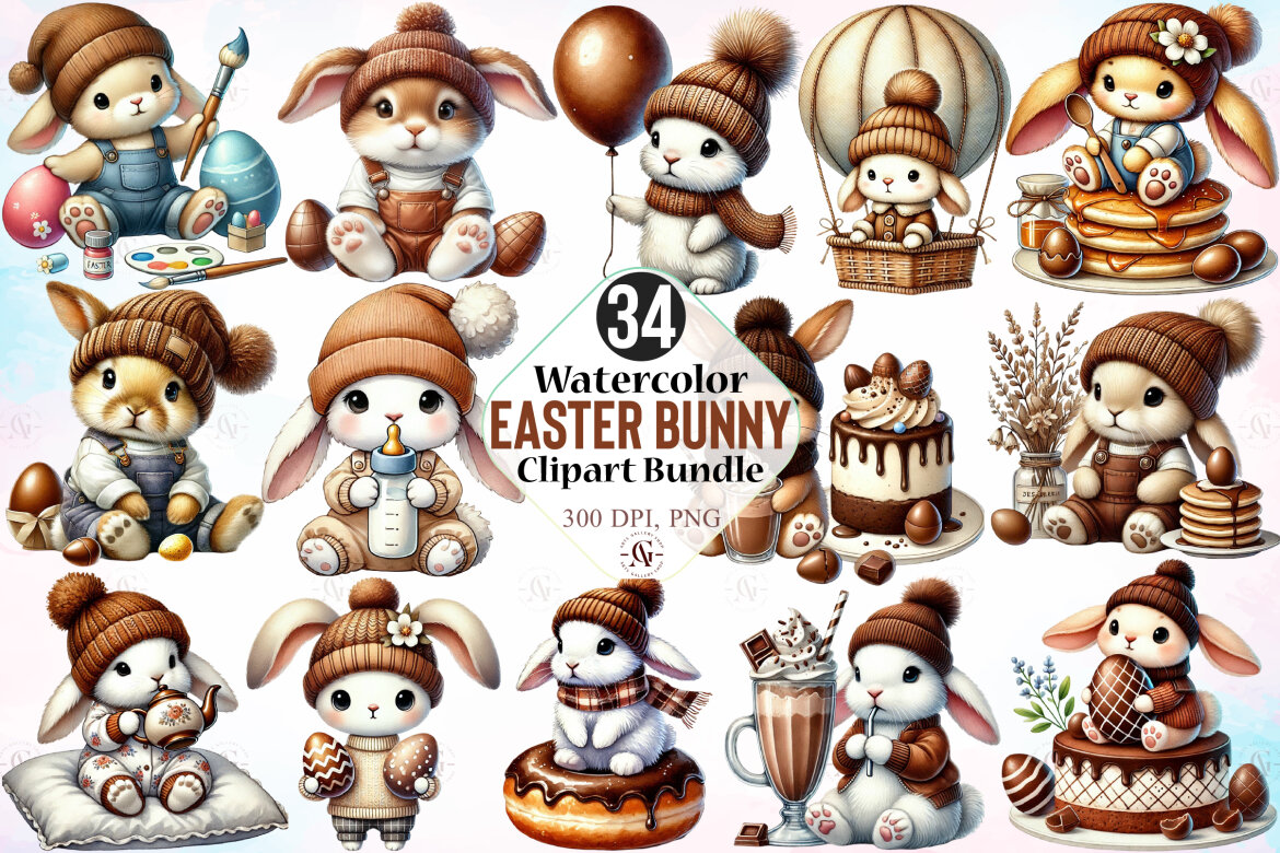Watercolor Easter Bunny Clipart Bundle | Deeezy