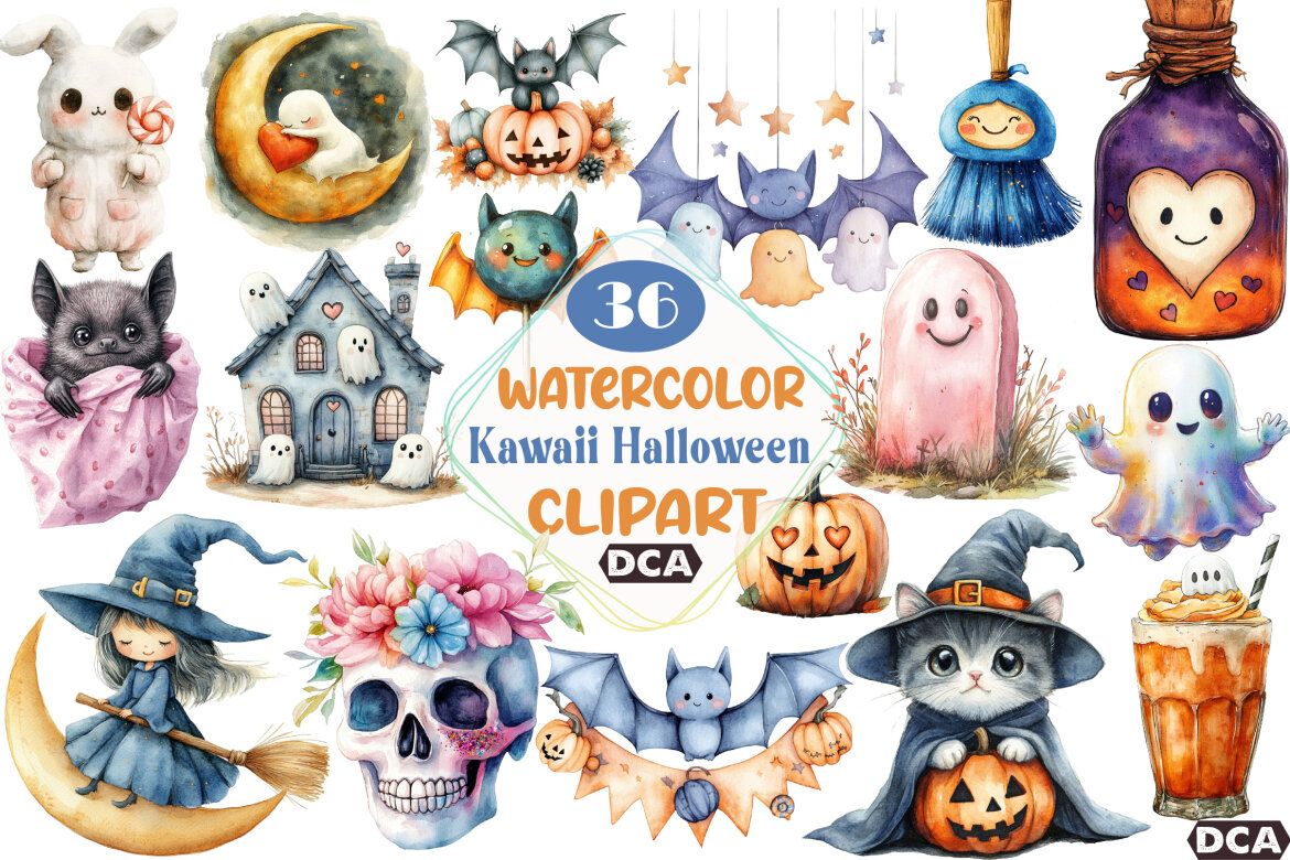 Watercolor Kawaii Halloween Clipart | Deeezy