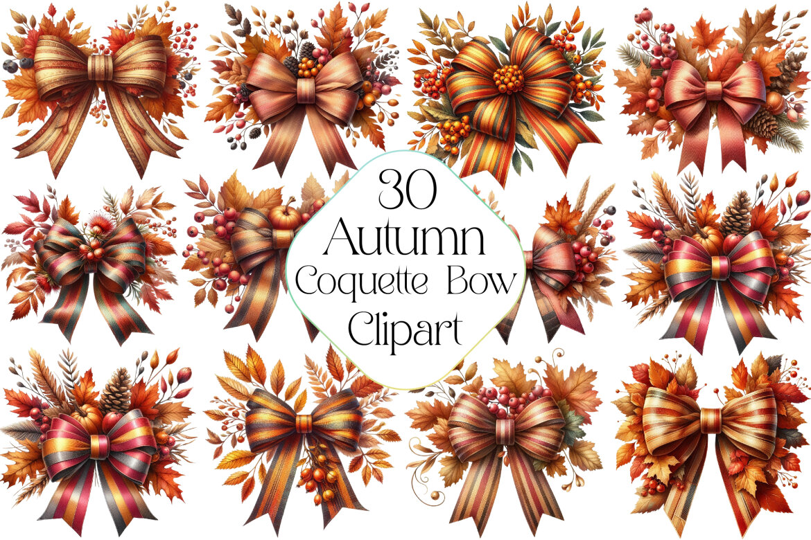 Watercolor Autumn Coquette Bow Clipart | Deeezy