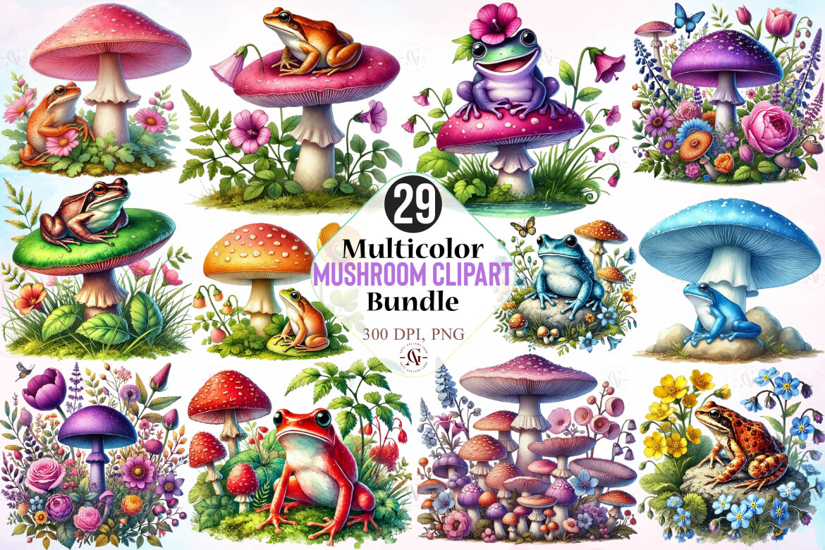 Multicolor Mushroom Clipart Bundle | Deeezy