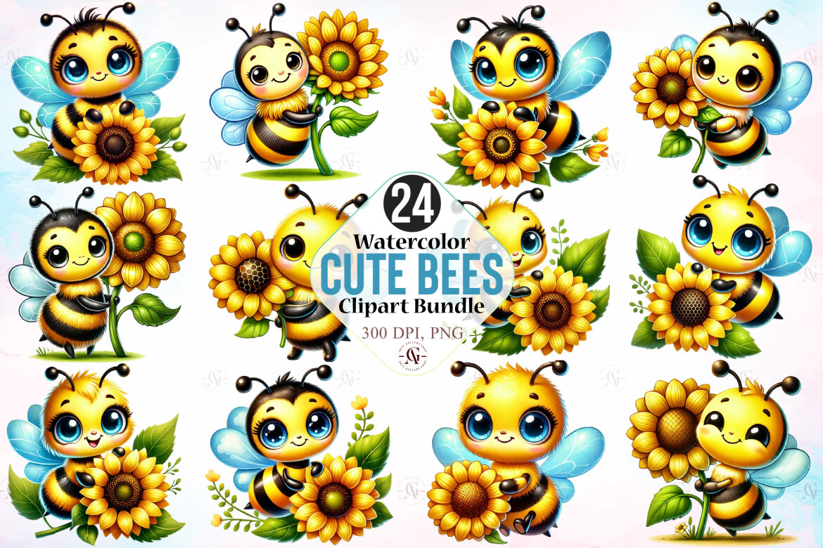 Watercolor Cute Bees Clipart | Deeezy