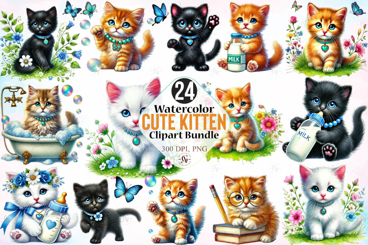 Watercolor Cute Kitten Clipart | Deeezy