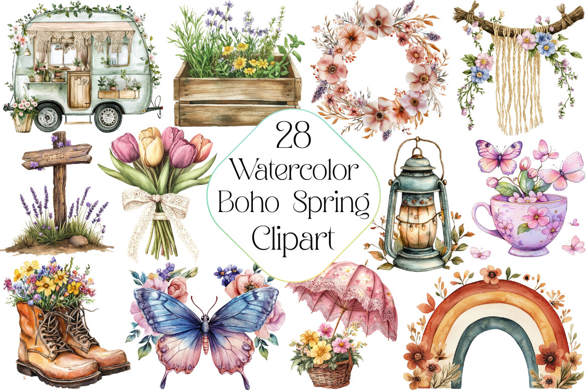 Watercolor Boho Spring Clipart Bundle | Deeezy
