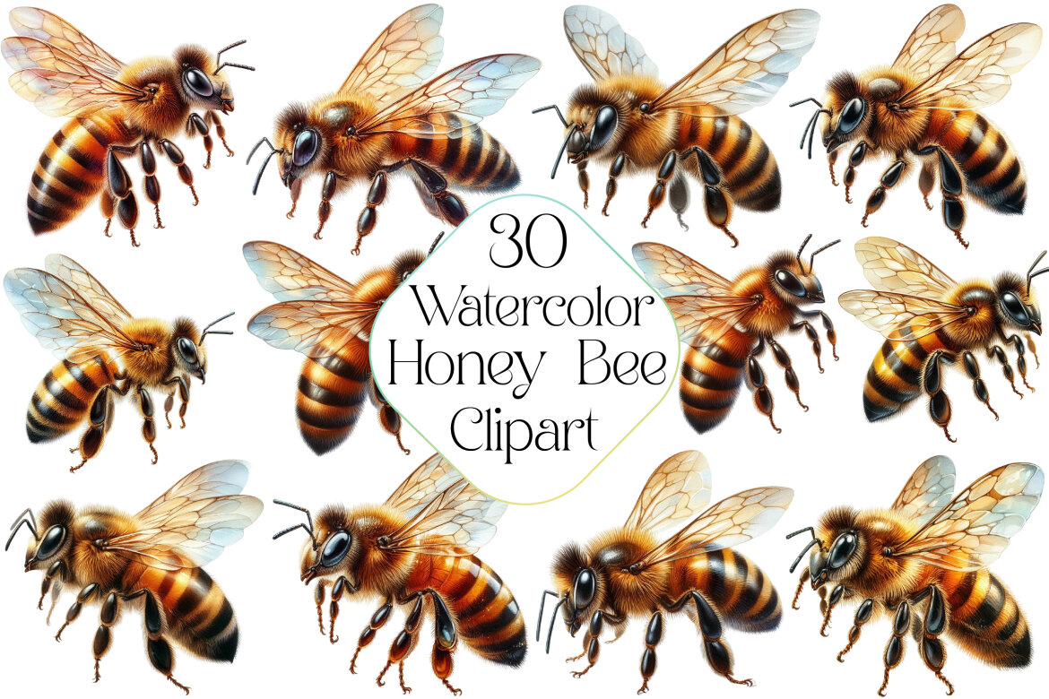 Watercolor Honey Bee Clipart Bundle | Deeezy