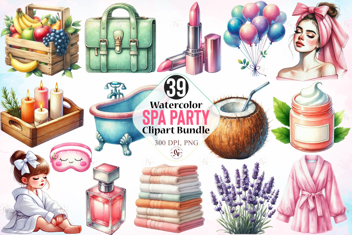 Watercolor Spa Party Clipart | Deeezy