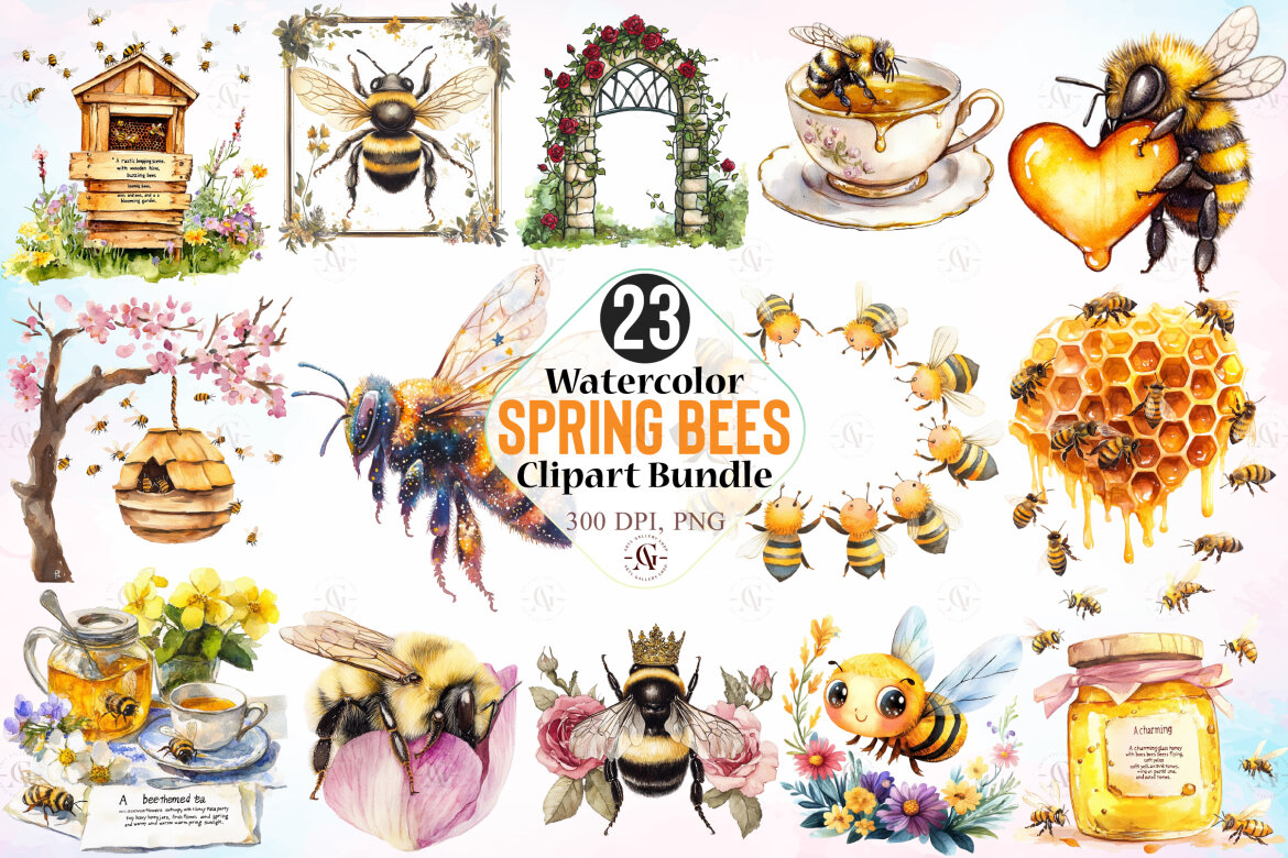 Watercolor Spring Bees Clipart Bundle | Deeezy