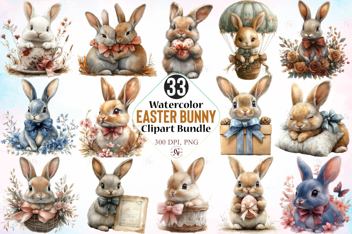 Watercolor Easter Bunny Clipart Bundle | Deeezy