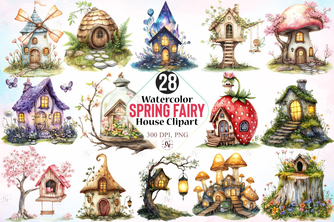 Watercolor Spring Fairy House Clipart | Deeezy