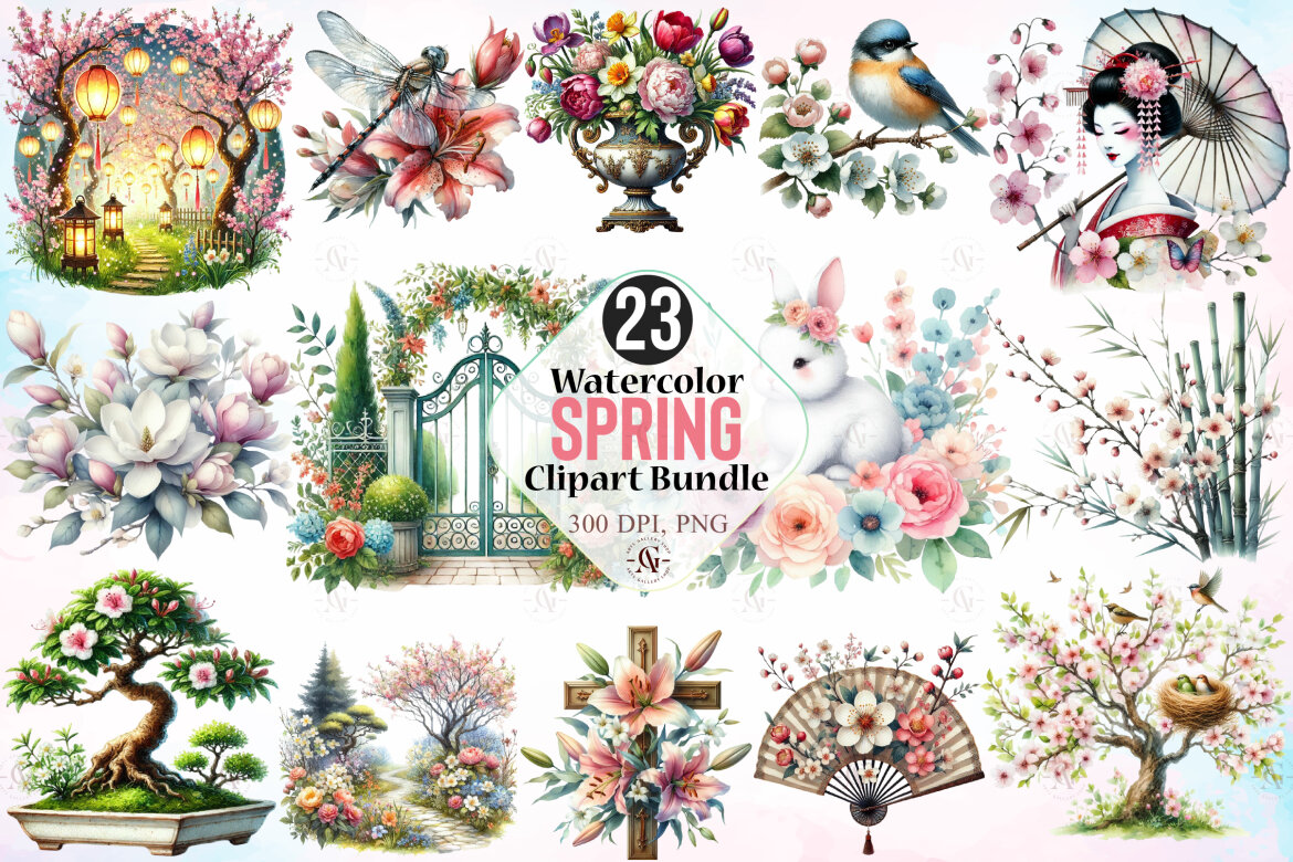 Watercolor Spring Clipart Bundle | Deeezy