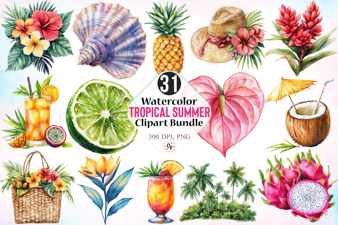 Watercolor Tropical Summer Clipart | Deeezy