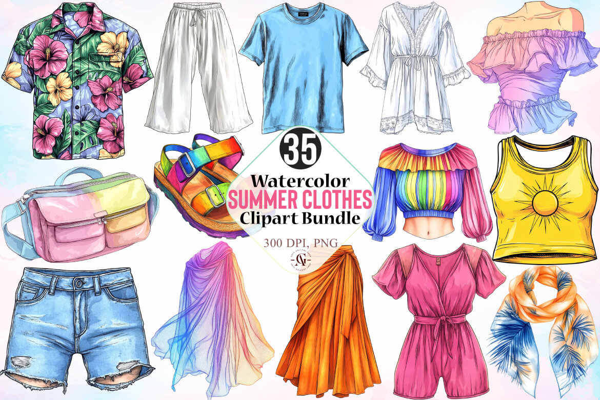 Watercolor Summer Clothes Clipart Bundle | Deeezy