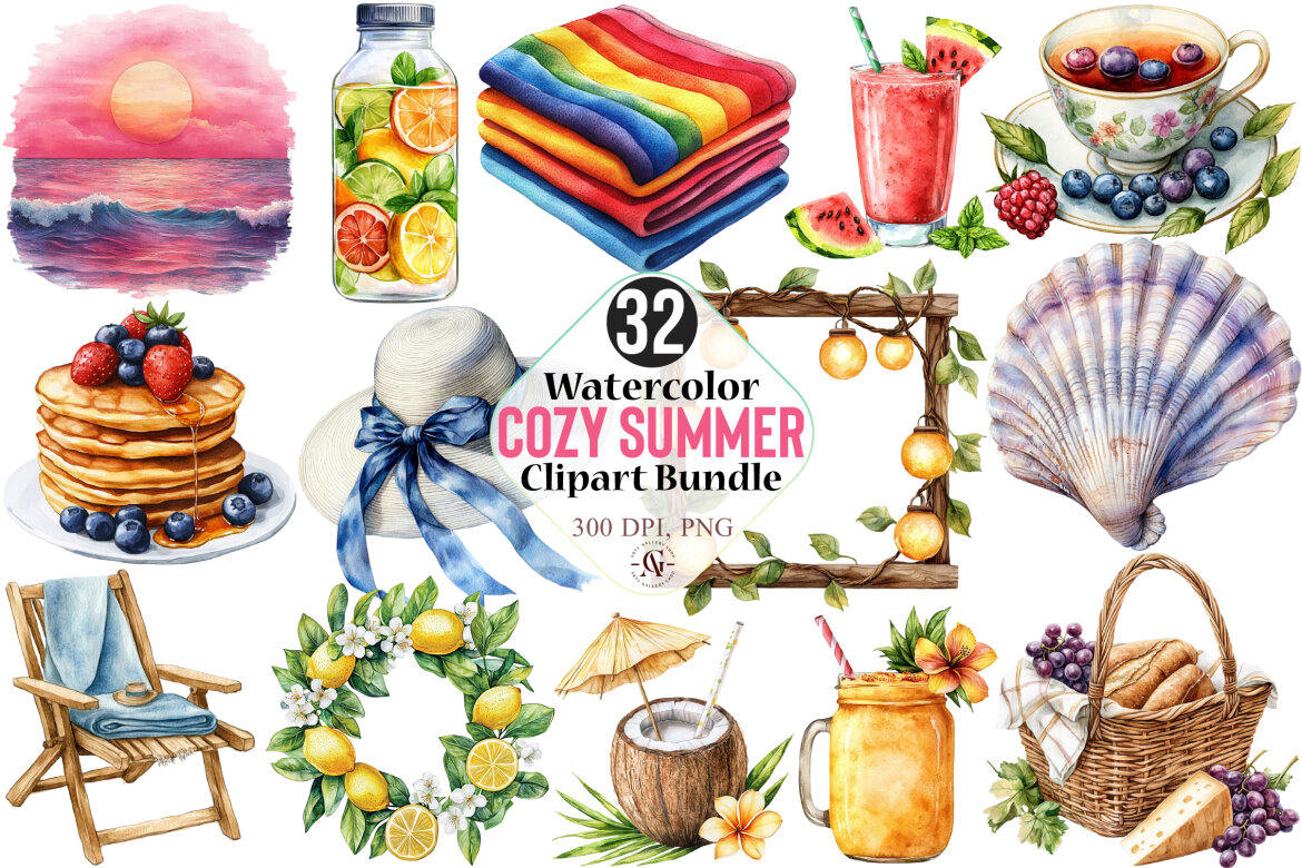 Watercolor Cozy Summer Clipart Bundle | Deeezy
