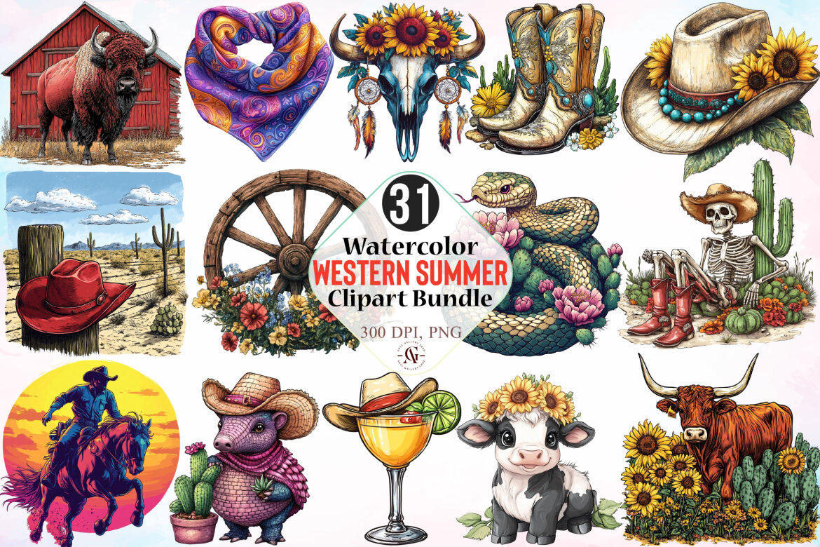 Watercolor Western Summer Clipart Bundle | Deeezy