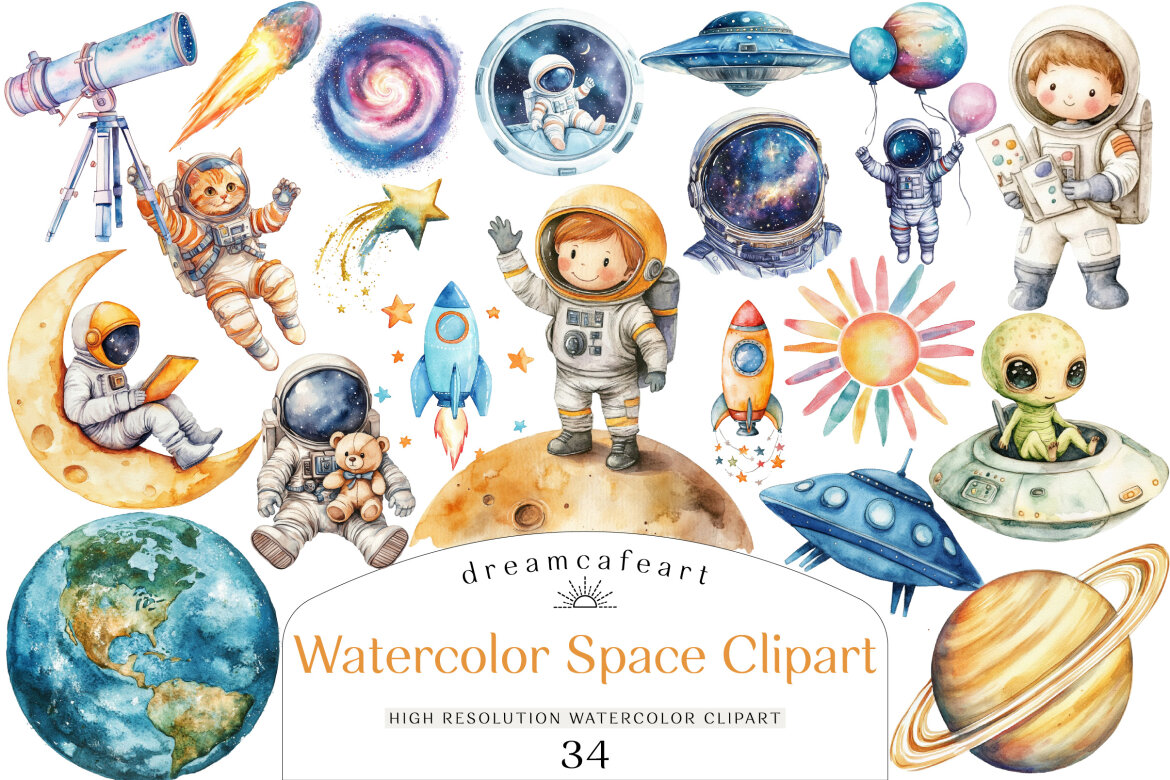 Watercolor Space Clipart Bundle | Deeezy