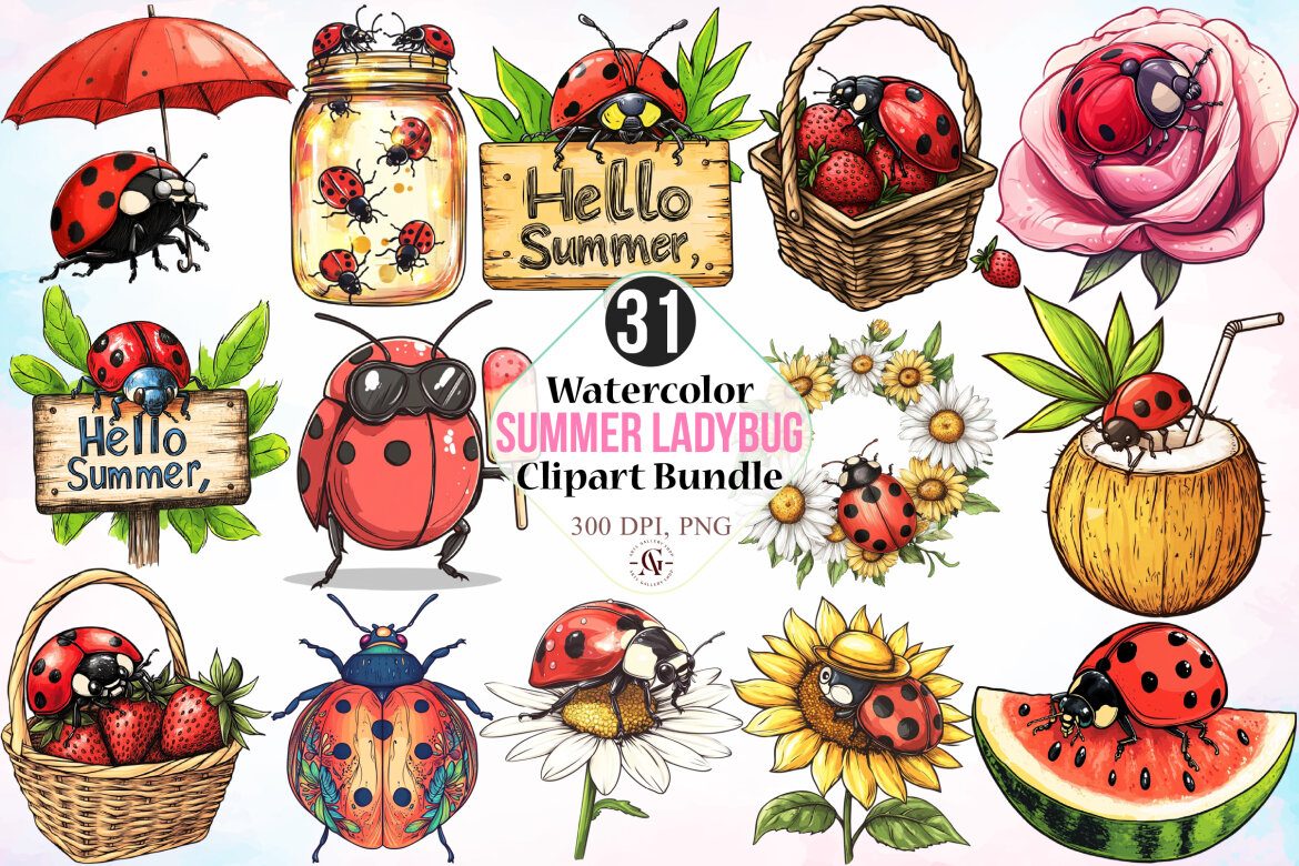 Watercolor Summer Ladybug Clipart Bundle | Deeezy