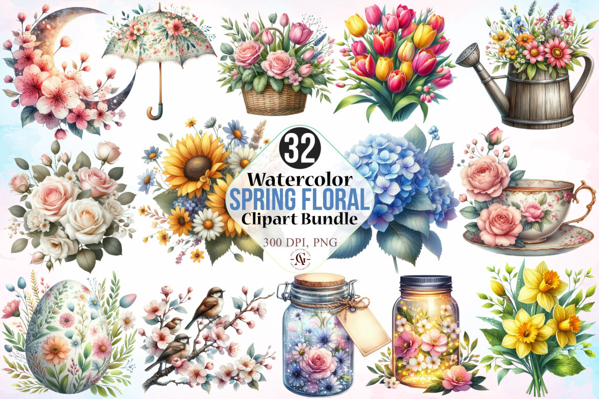Watercolor Spring Floral Clipart Bundle | Deeezy