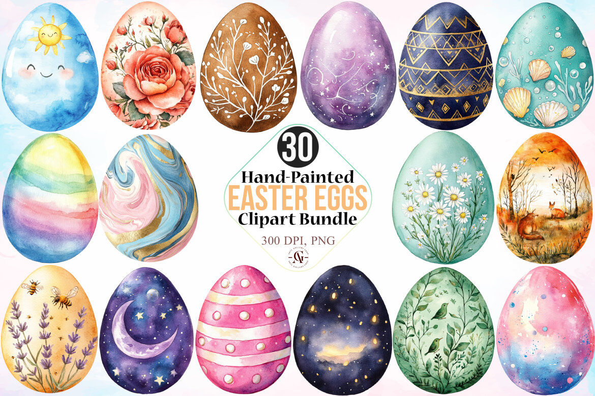Hand-Painted Easter Eggs Clipart Bundle | Deeezy