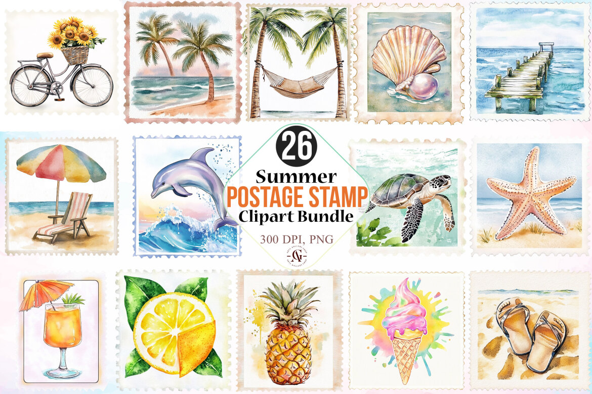 Summer Postage Stamp Clipart Bundle | Deeezy