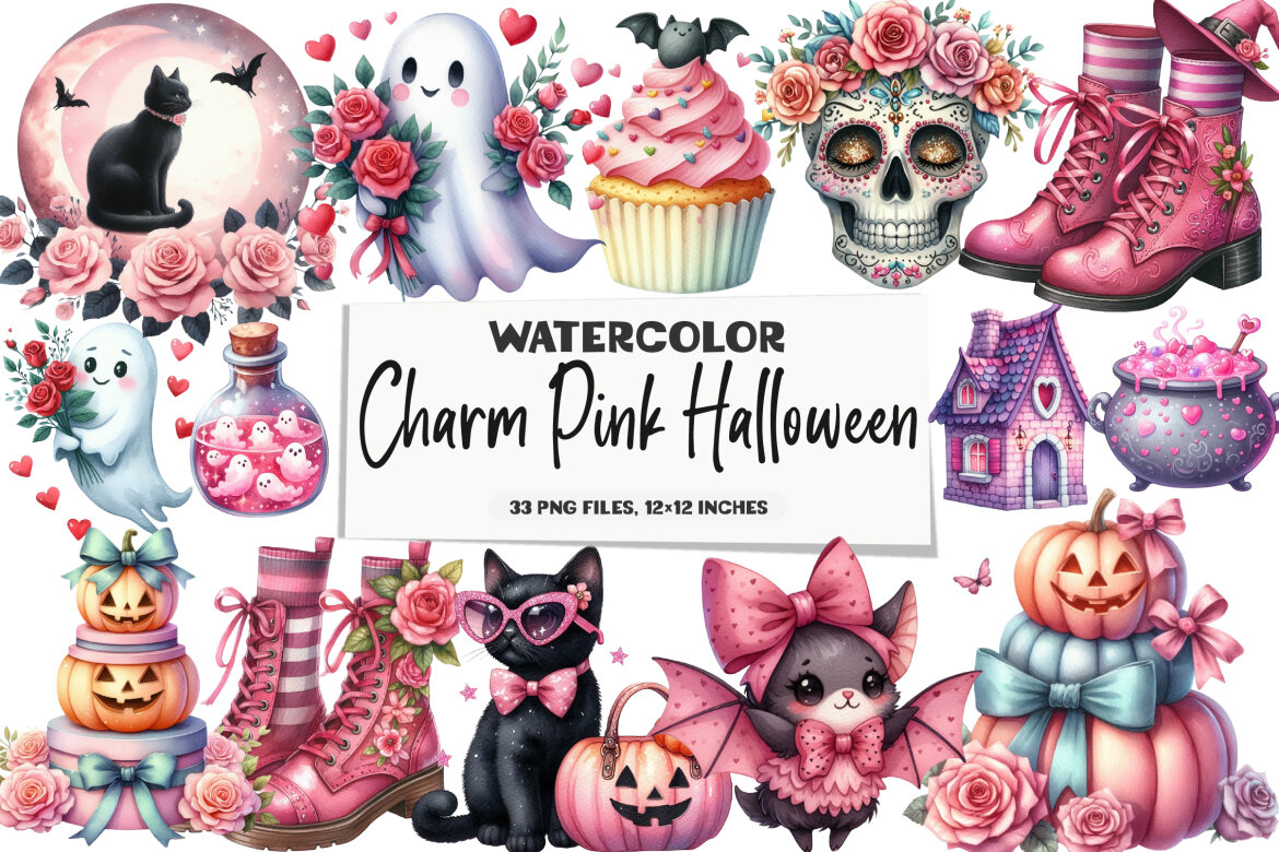 Charm Pink Halloween Clipart Bundle | Deeezy