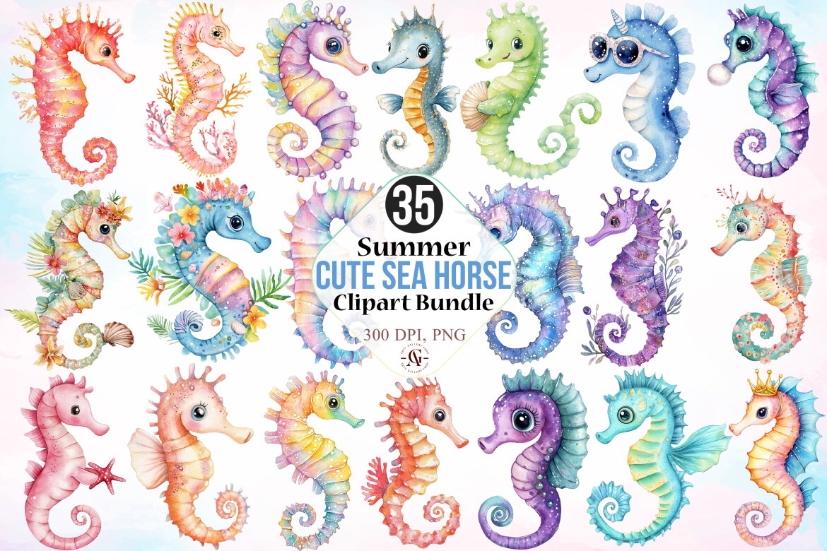 Summer Cute Sea Horse Clipart Bundle | Deeezy