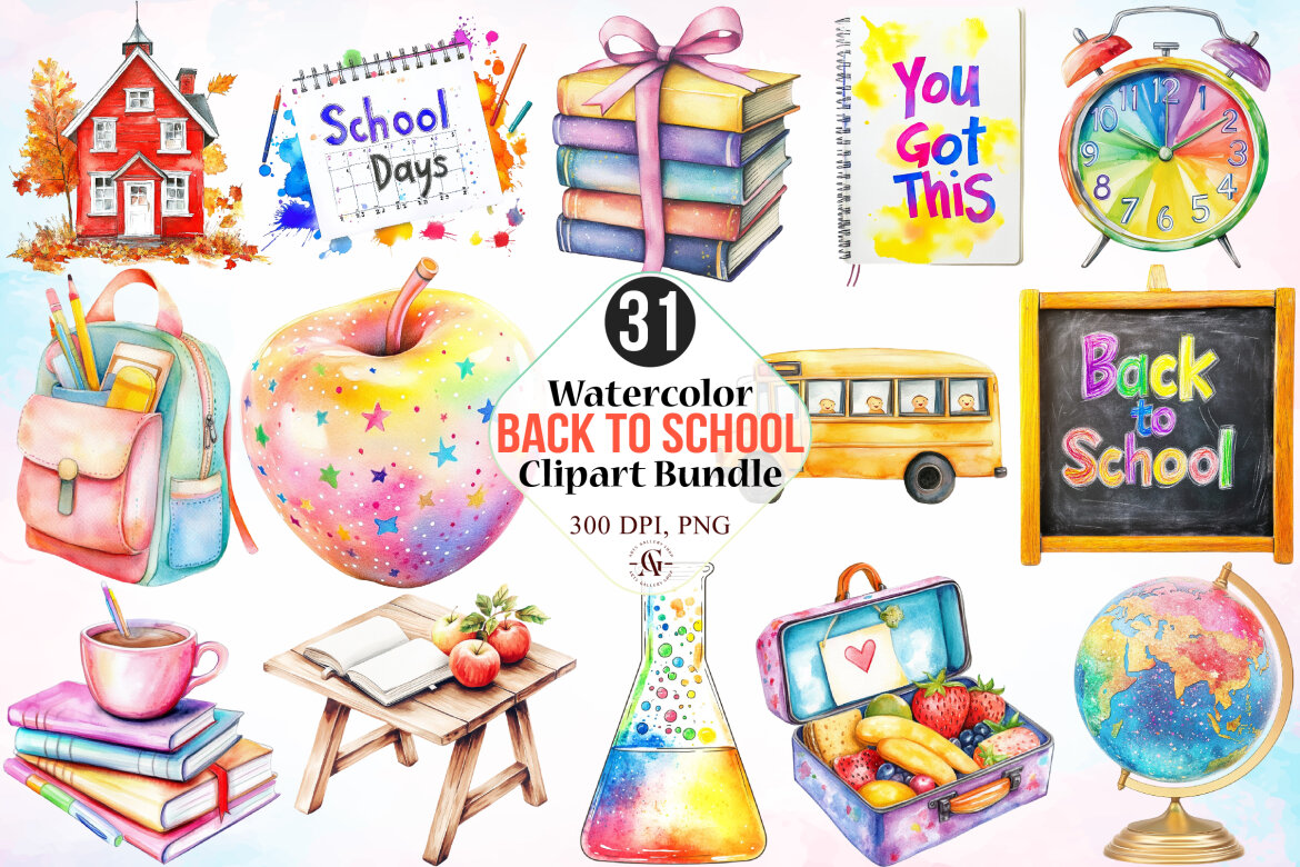 Watercolor back to school Clipart Bundle | Deeezy