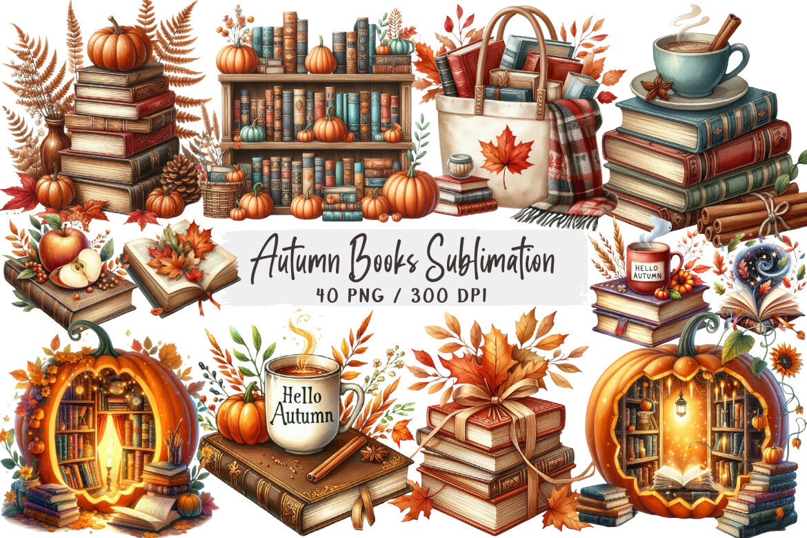 Autumn Books Sublimation Clipart Bundle | Deeezy