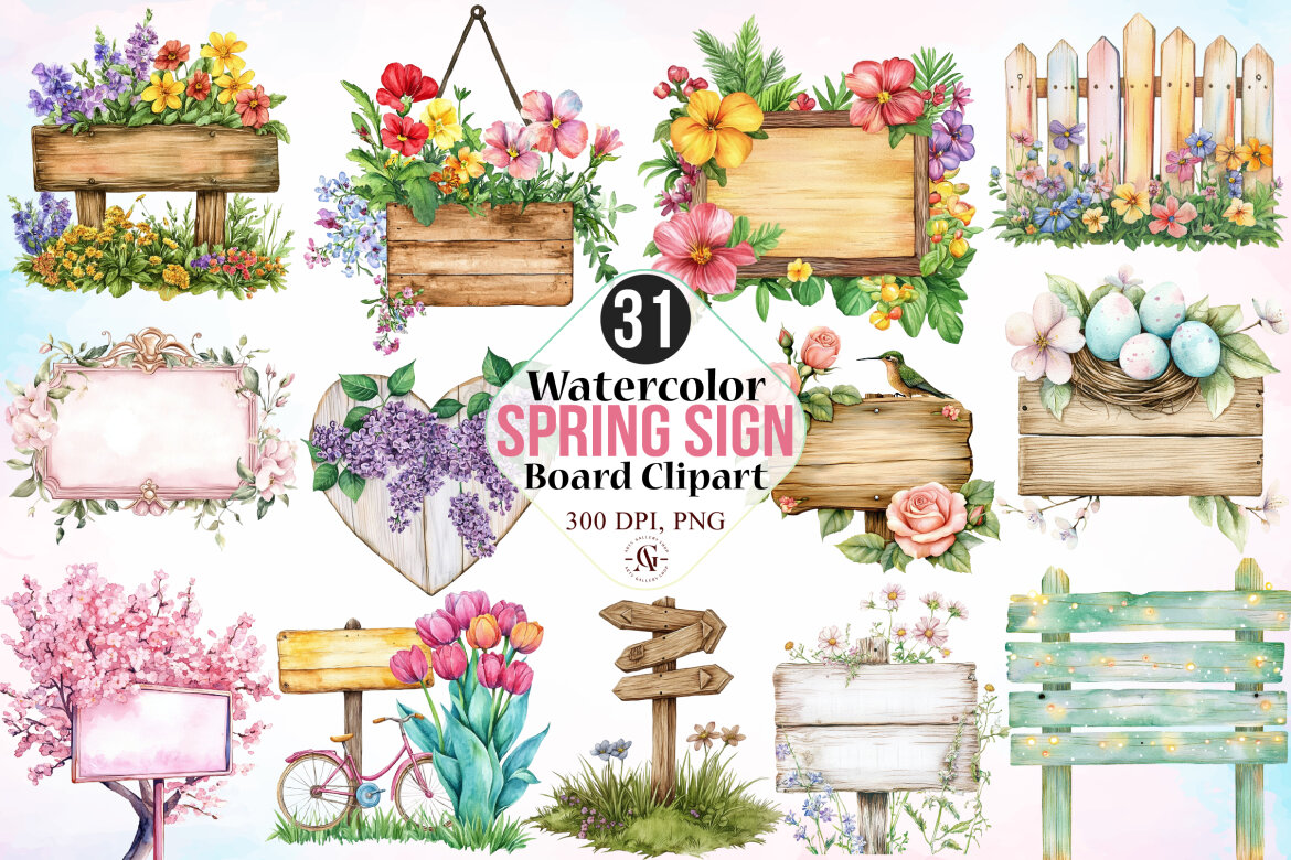 Watercolor Spring Sign Board Clipart | Deeezy