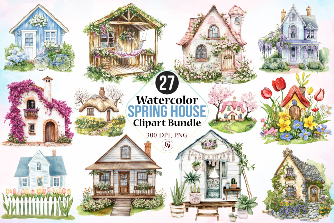 Watercolor Spring House Clipart Bundle | Deeezy