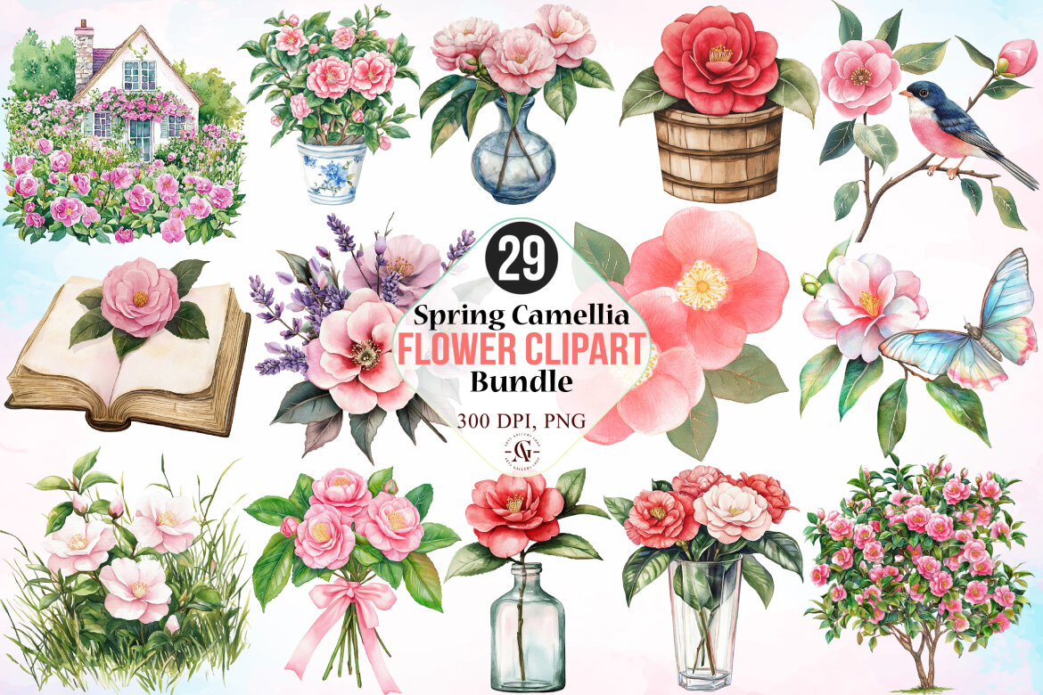 Spring Camellia Flower Clipart Bundle | Deeezy