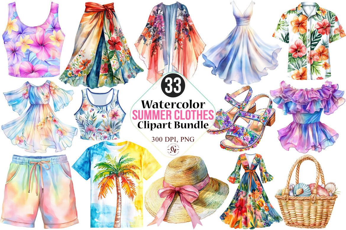 Watercolor Summer Clothes Clipart Bundle | Deeezy
