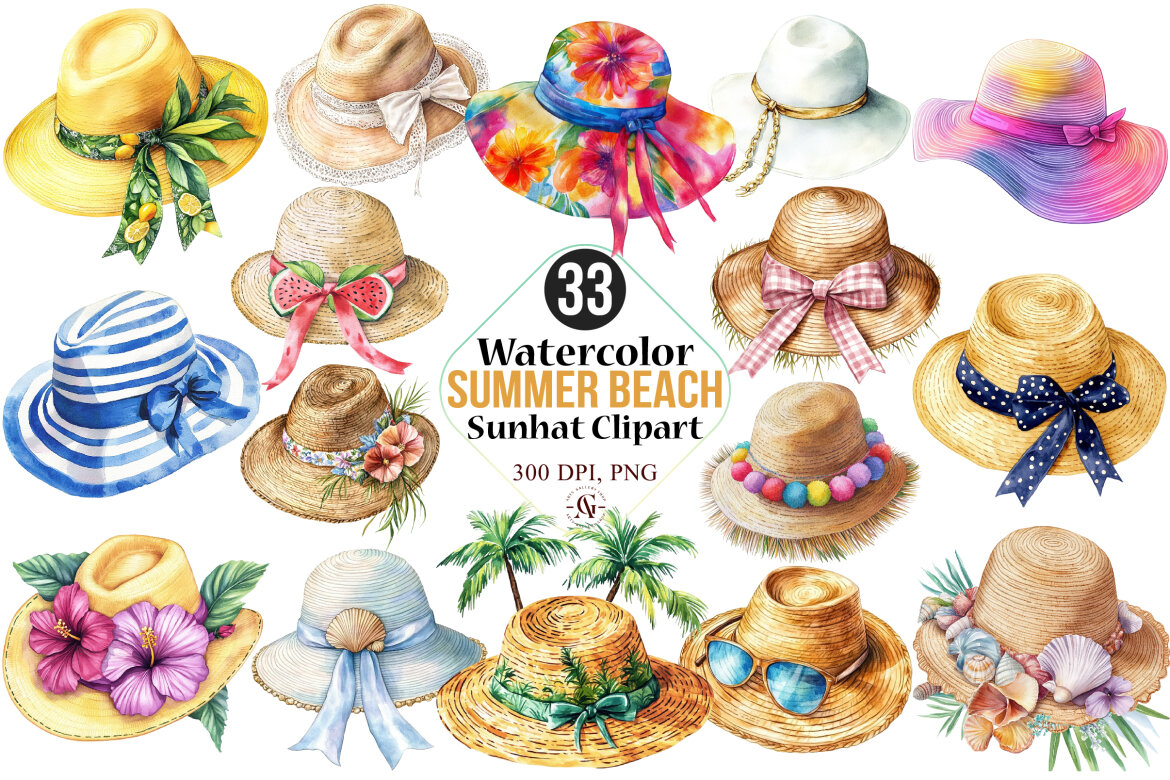 Watercolor Summer Beach Sunhat Clipart | Deeezy