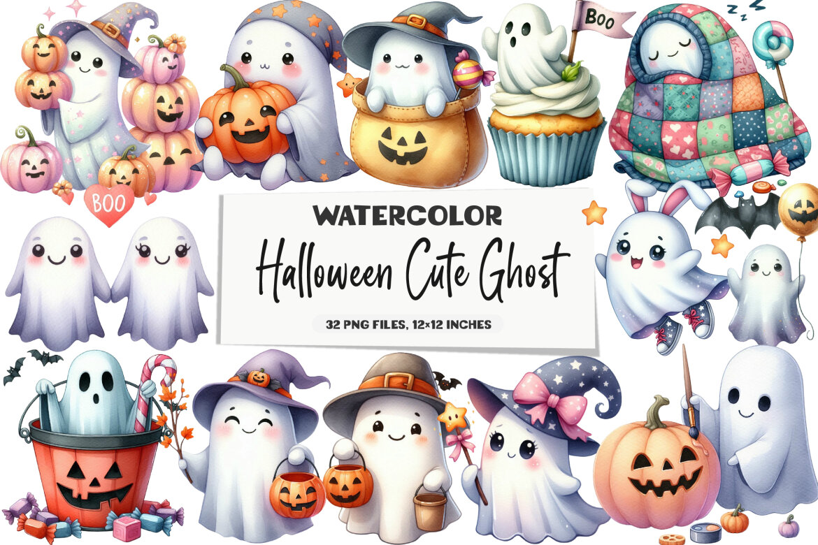 Watercolor Halloween Cute Ghost | Deeezy