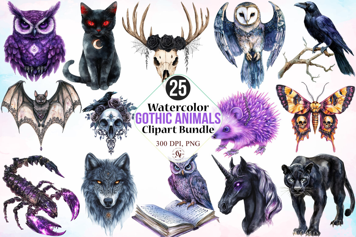 Watercolor Gothic Animals Clipart Bundle | Deeezy