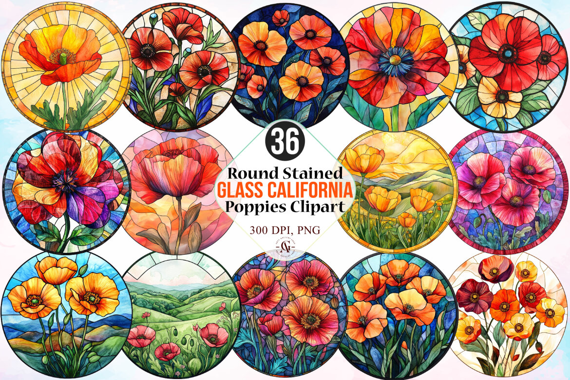 Round Stained Glass California Poppies | Deeezy