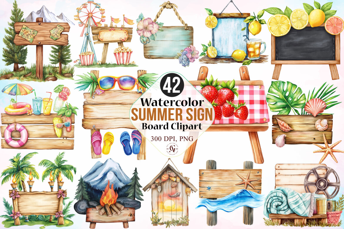 Watercolor Summer Sign Board Clipart | Deeezy