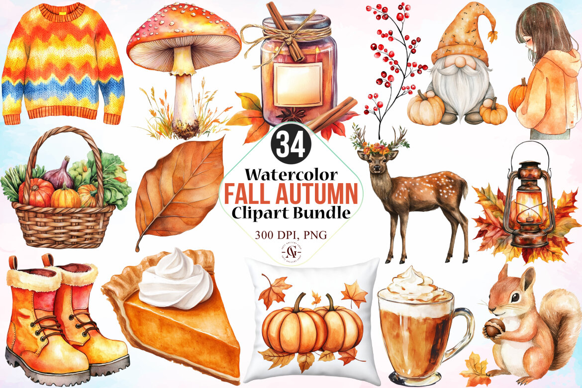 Watercolor Fall Autumn Clipart Bundle | Deeezy