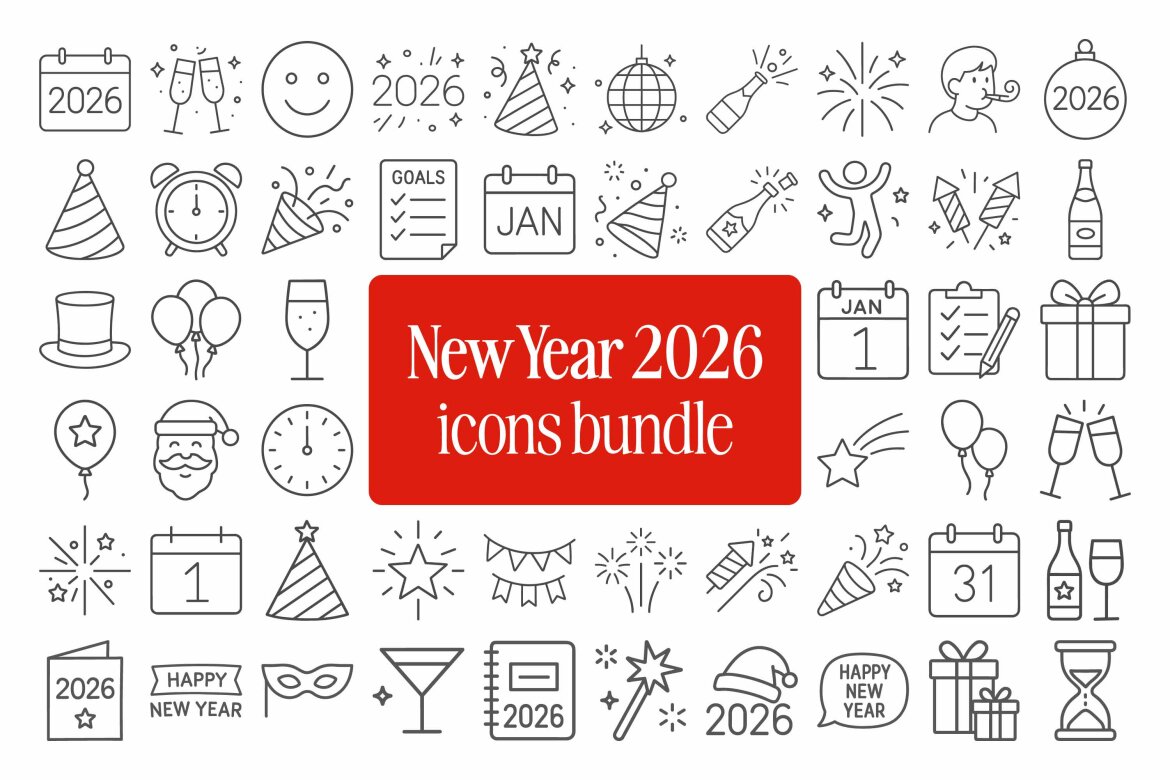 New Year 2026 Icons Bundle – FREE Line Art Icons | Deeezy