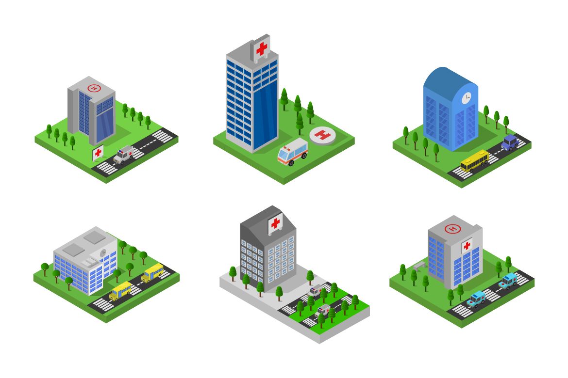 6 isometric buildings set - Hospital | Deeezy